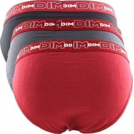 DIM 3 Slips Homme Coton STRETCH Gris plomb Rouge chili Noir
