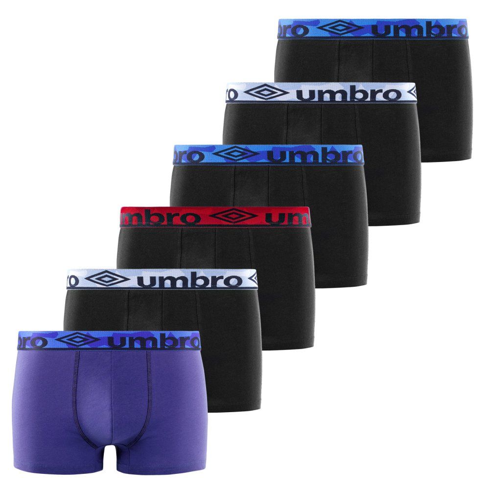 Lot de 6 Boxers homme Coton Noir/Bleu/Rouge/Gris Uni - Umbro
